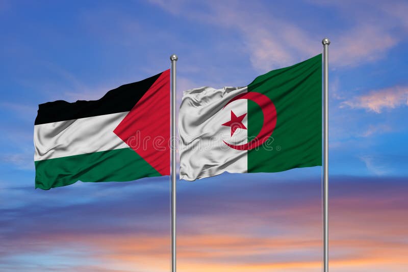 Palestine and Algeria Flag Waving Together in Blue Sky Stock ...