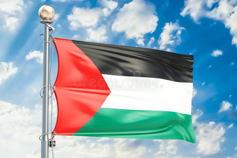 Palestinian Flag Waving in Blue Cloudy Sky, 3D Rendering Stock ...