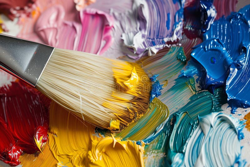 Palette with Blobs Merging, Brush in Motion Mixing Colors Stock Photo ...