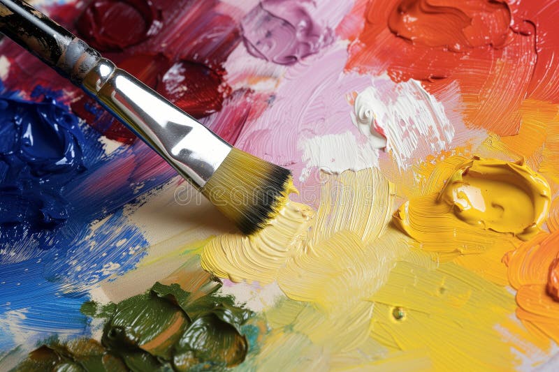 Palette with Blobs Merging, Brush in Motion Mixing Colors Stock Photo ...