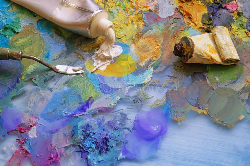 Palette with Oil Paint, Tubes and Palette Knife Stock Photo - Image of ...