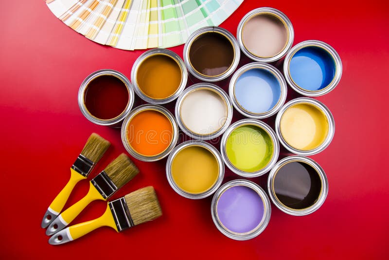 Palette of Paint Samples and Paintbrush Stock Image - Image of bucket ...