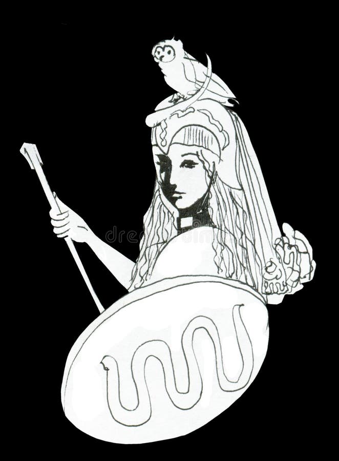Pallas Athena-inkttekening Met Attributen Stock Illustratie ...