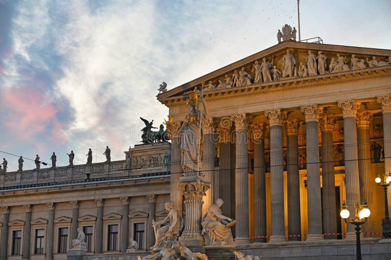 Pallas Athena Statue in Front of Austrian Parliament in Vienna Sunset ...