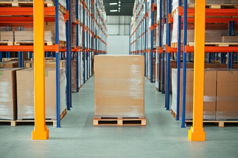 Pallet of Goods in a Spacious Warehouse with Organized Shelving Stock ...