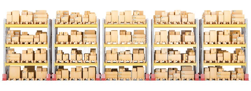 Pallet Racks Full of Cardboard Boxes and Parcels, Front View. 3D ...