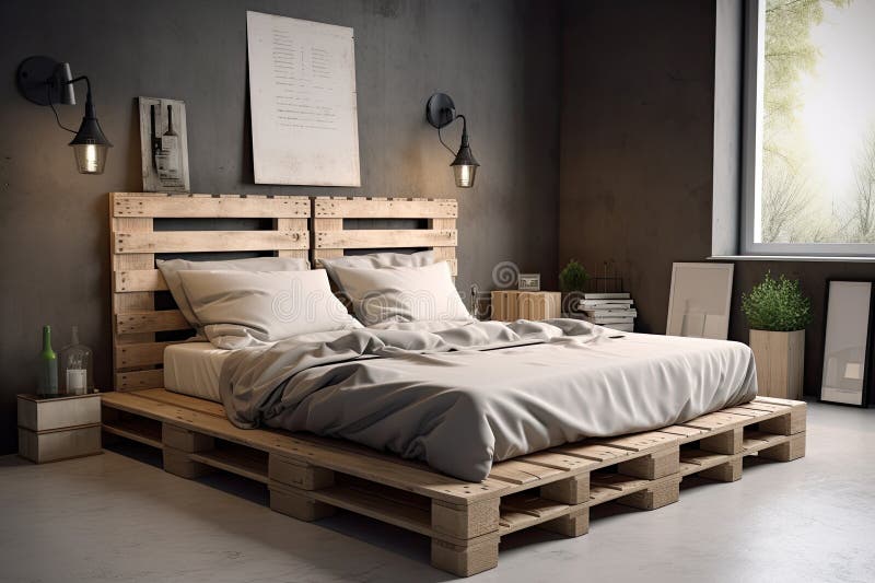 Pallet Reuse, Bed in Modern Interior Stock Illustration - Illustration ...