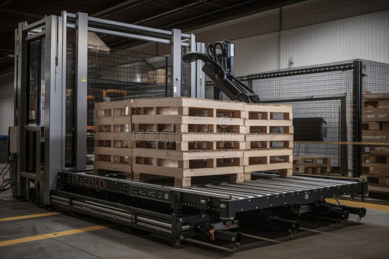 Palletizer Robot, with Fully Stacked and Secured Pallets, Ready To Be ...