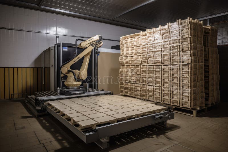 Palletizing Robot, with Fully Loaded Pallets Ready To Be Transported ...