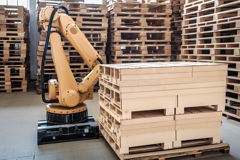 Palletizing Robot with Stack of Wooden Crates, Ready for Shipping Stock ...