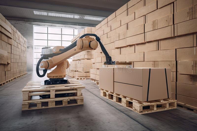 Palletizing Robot with Multiple Pallets and Boxes, Preparing for Shipment Stock Illustration ...