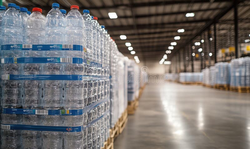 Pallets of Bottled Water in Warehouse Showcasing Organized Storage and ...