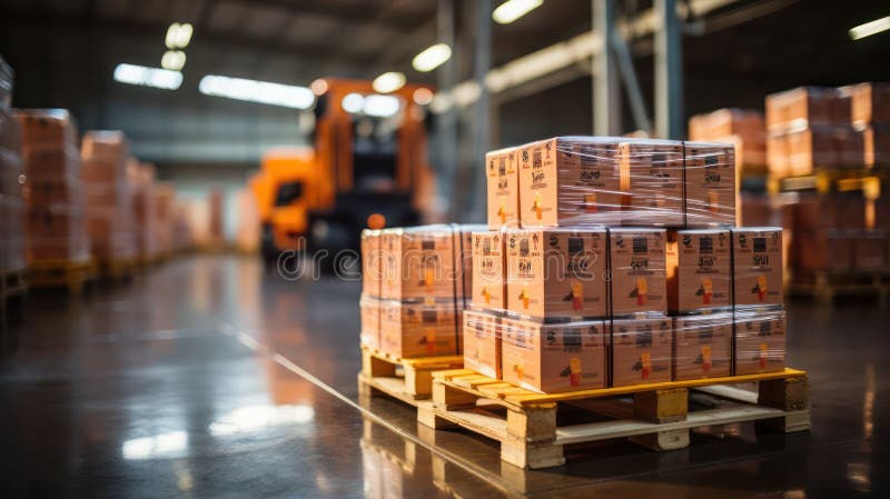 Pallets of Boxed Goods Ready for Distribution in a Warehouse, with a ...