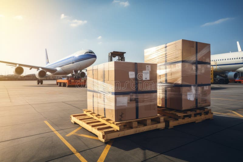 Pallets with Boxes at the Airport, Modern Airplane in the Background ...