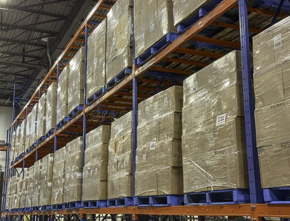 Pallets of Boxes of Wine Stacked in Distribution Centre. Stock Image ...