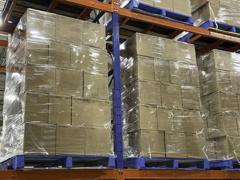 Pallets of Boxes of Wine Stacked in Distribution Centre. Stock Photo ...