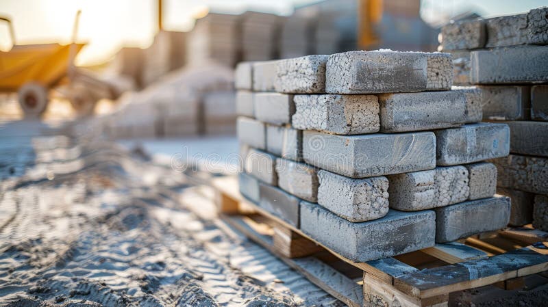 Pallets of Bricks at a Construction Site with Sand and Equipment. Stock ...