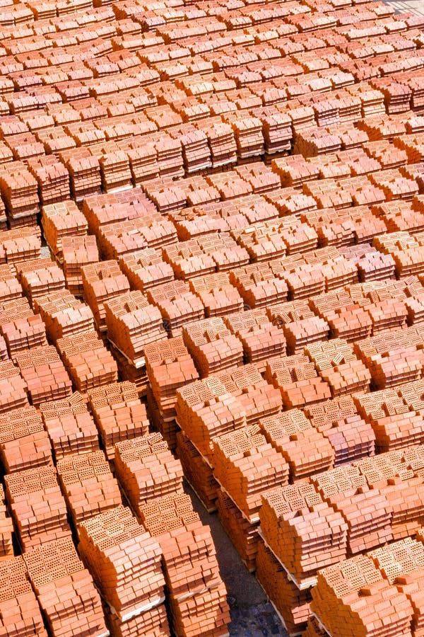 Pallets with Bricks in Warehouse of a Brick Factory. View from Above ...