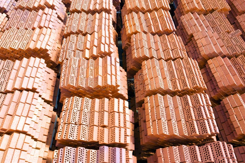 Pallets with Bricks in a Warehouse of Brick Factory. View from Above ...