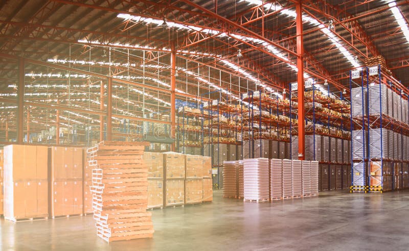 Pallets Of Cargo Stack In Distribution Warehouse With High Rack Shelf ...