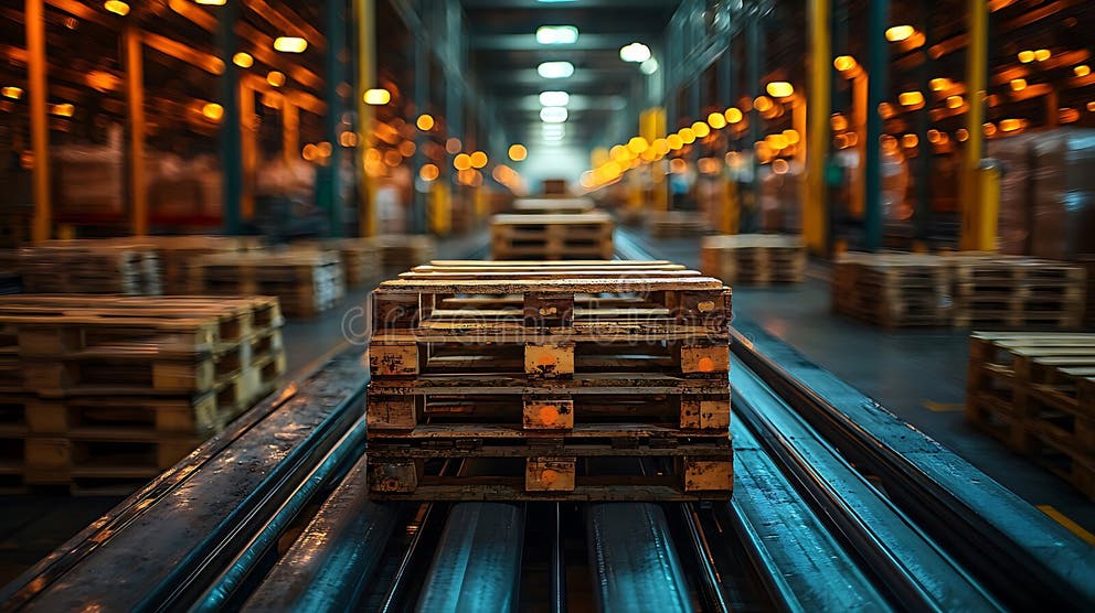 Pallets of Goods in Warehouse with Automated Systems and Warm Lighting ...
