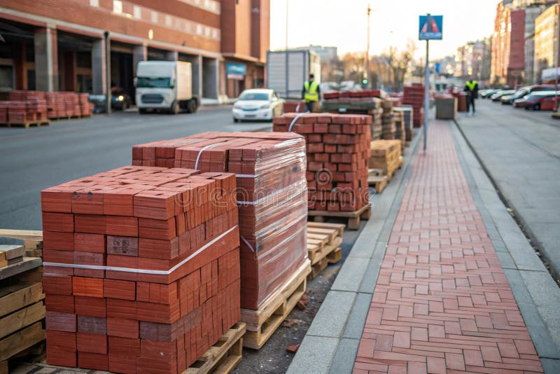 Pallets of Red Bricks in Construction Warehouse Stock Illustration ...