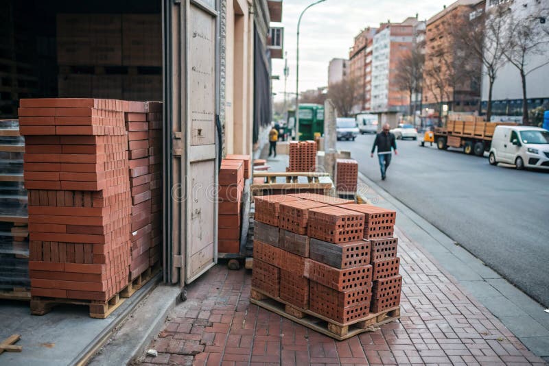 Pallets of Red Bricks in Construction Warehouse Stock Illustration ...