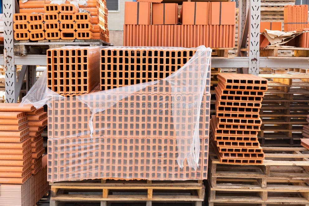 Pallets with Stack of Redbricks Lying at Warehouse Stock Image - Image ...