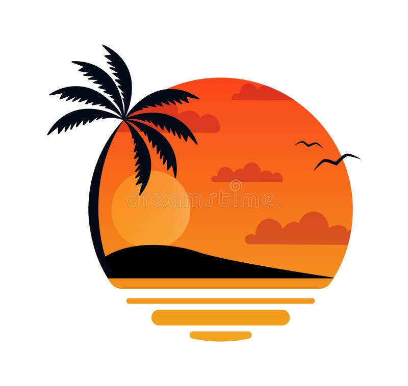 Palm on Beach Sunrise Round Badge Stock Vector - Illustration of palm ...