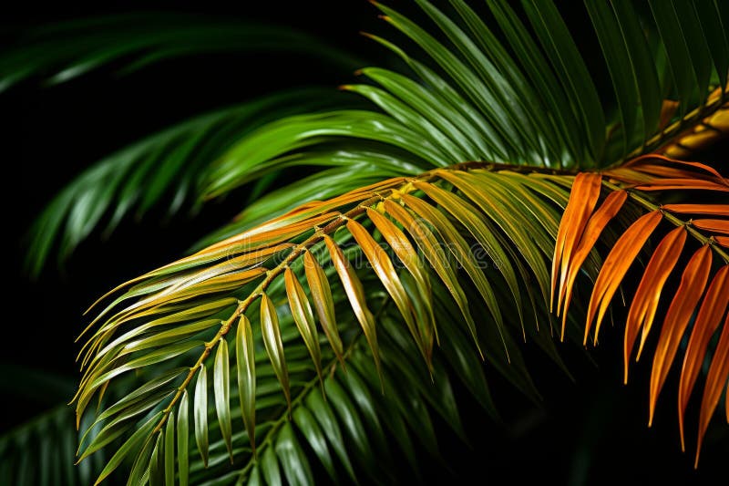 Palm Leaves with Orange and Green Leaves on a Black Background Stock ...