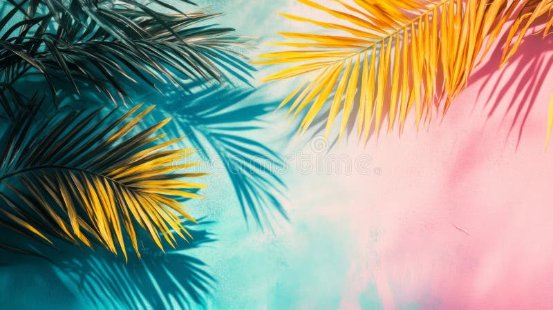 Palm Leaves and Shadows on a Blue and Pink Wall Stock Illustration ...