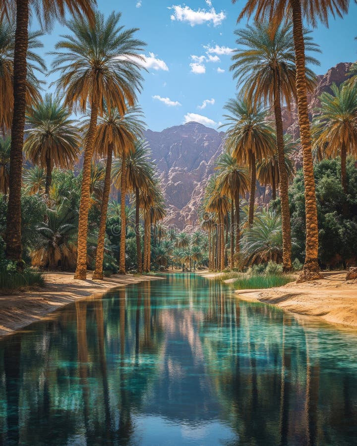 Palm Oasis in the Desert with Reflections Stock Illustration ...