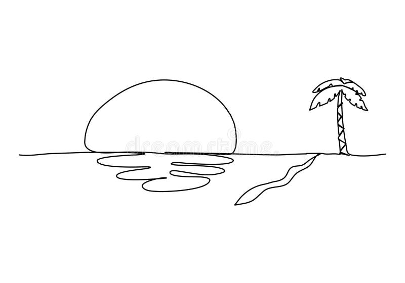 Palm and Sunrise on the Beach. One Line Drawing Vector Illustration ...