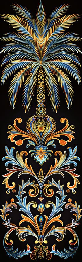 Palm Tree Amidst Blue, Gold, and Orange Arabesque Pattern in Islamic ...