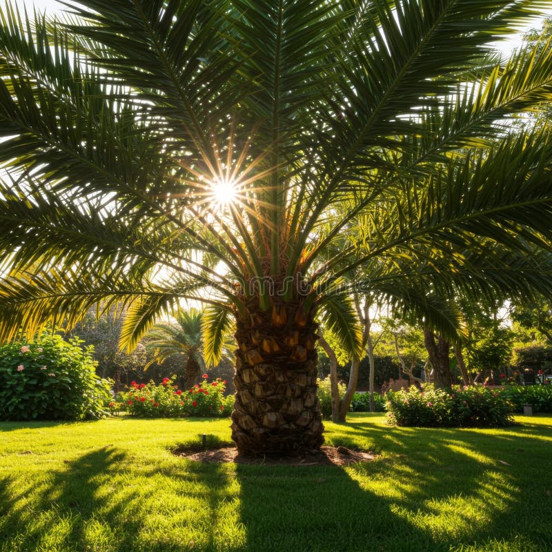 Palm Tree Backlit by Warm Sunlight in Lush Garden Stock Illustration ...
