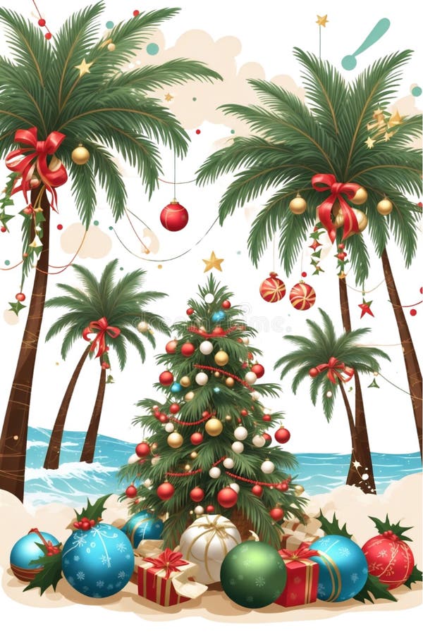 Palm Tree with Baubles Christmas Graphic on White Background Stock ...