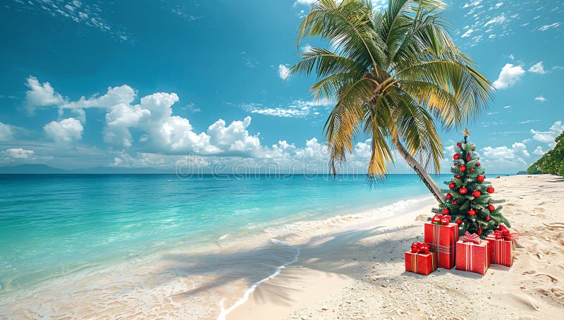 A Palm Tree on the Beach with Presents and Christmas Trees Stock ...