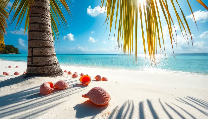 Palm Tree is on the Beach with Shells Scattered Around it Stock Image ...