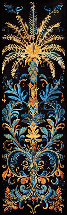 Palm Tree in Blue, Gold, and Orange Arabesque Pattern, Islamic Art ...