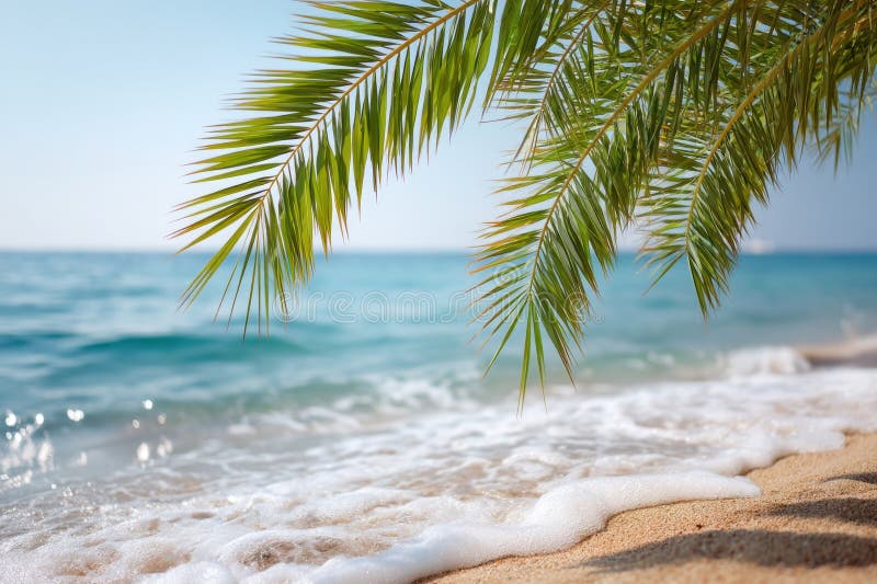 A Palm Tree Branch Rests on the Beach beside the Tranquil Ocean Waves ...