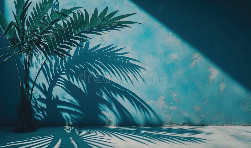 A Palm Tree Casts a Shadow on a Blue Wall with a Shadow Cast on it ...