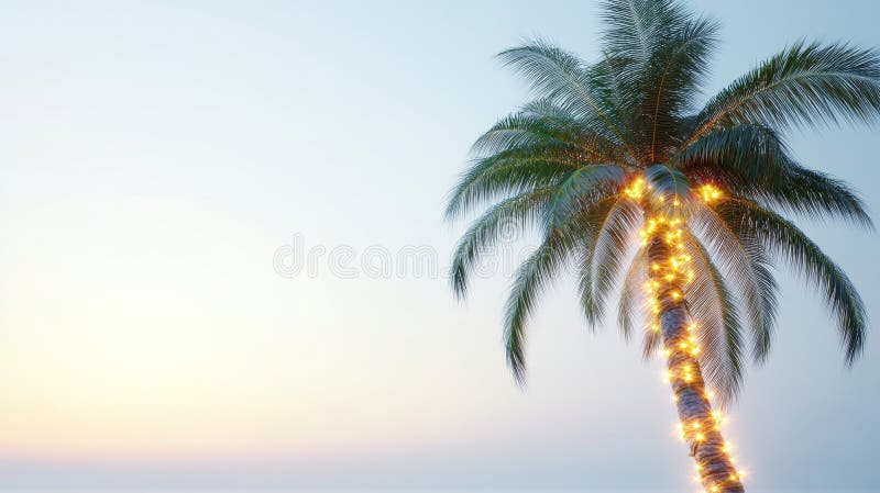 Palm Tree Decorated with Lights at Sunset, Tropical Serenity Concept Stock Photo - Image of ...