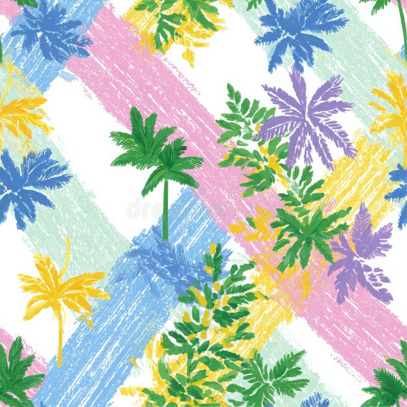 Palm Tree Foliage on Colorful Pastel Chalk Textured Stripes Creates Fun ...