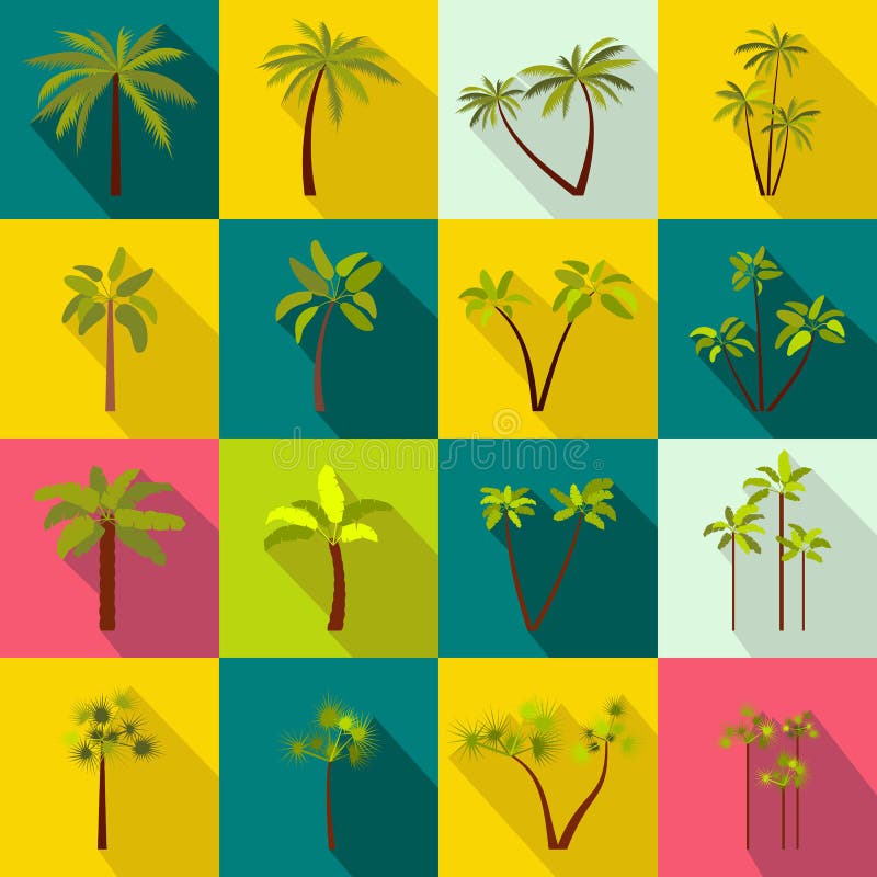 Palm Tree Icons Set, Flat Style Stock Vector - Illustration of coconut ...