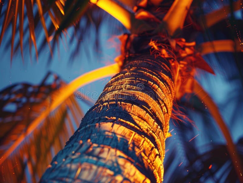 A Palm Tree Illuminated at Night with Lights or Glow Stock Photo ...