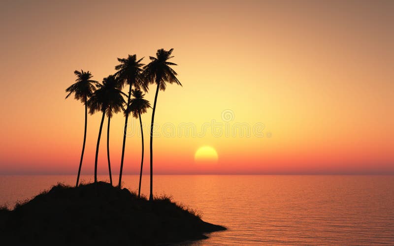Palm Tree Island Against a Sunset Sky Stock Illustration - Illustration ...