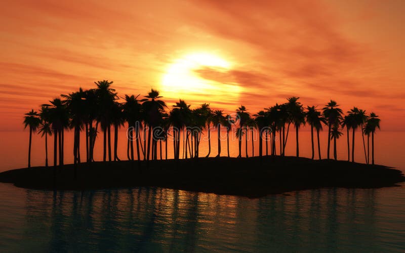 Palm tree island at sunset stock illustration. Illustration of water ...