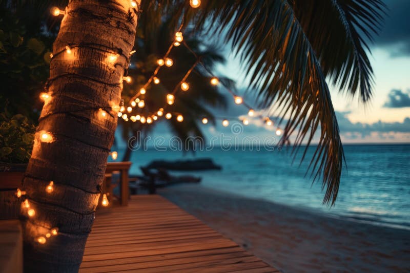 Palm Tree with Lights by Ocean Stock Photo - Image of palm, ocean: 379972090