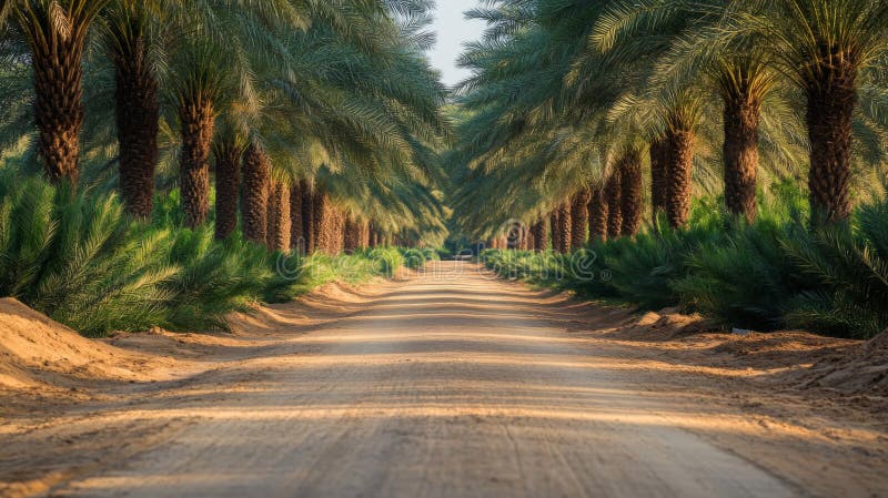 Palm Tree Lined Dirt Road Leading To Distance Stock Illustration ...