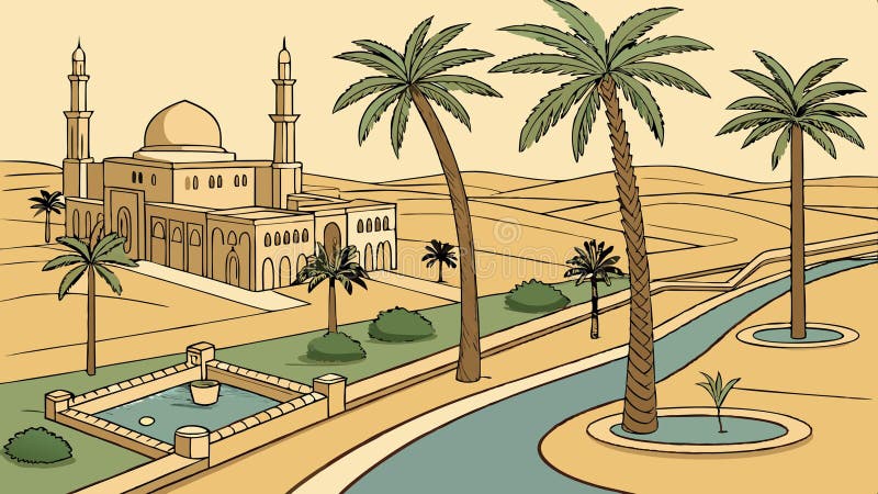 Palm Tree Oasis with Desert Landscape, Tropical Desert Scene Vector ...